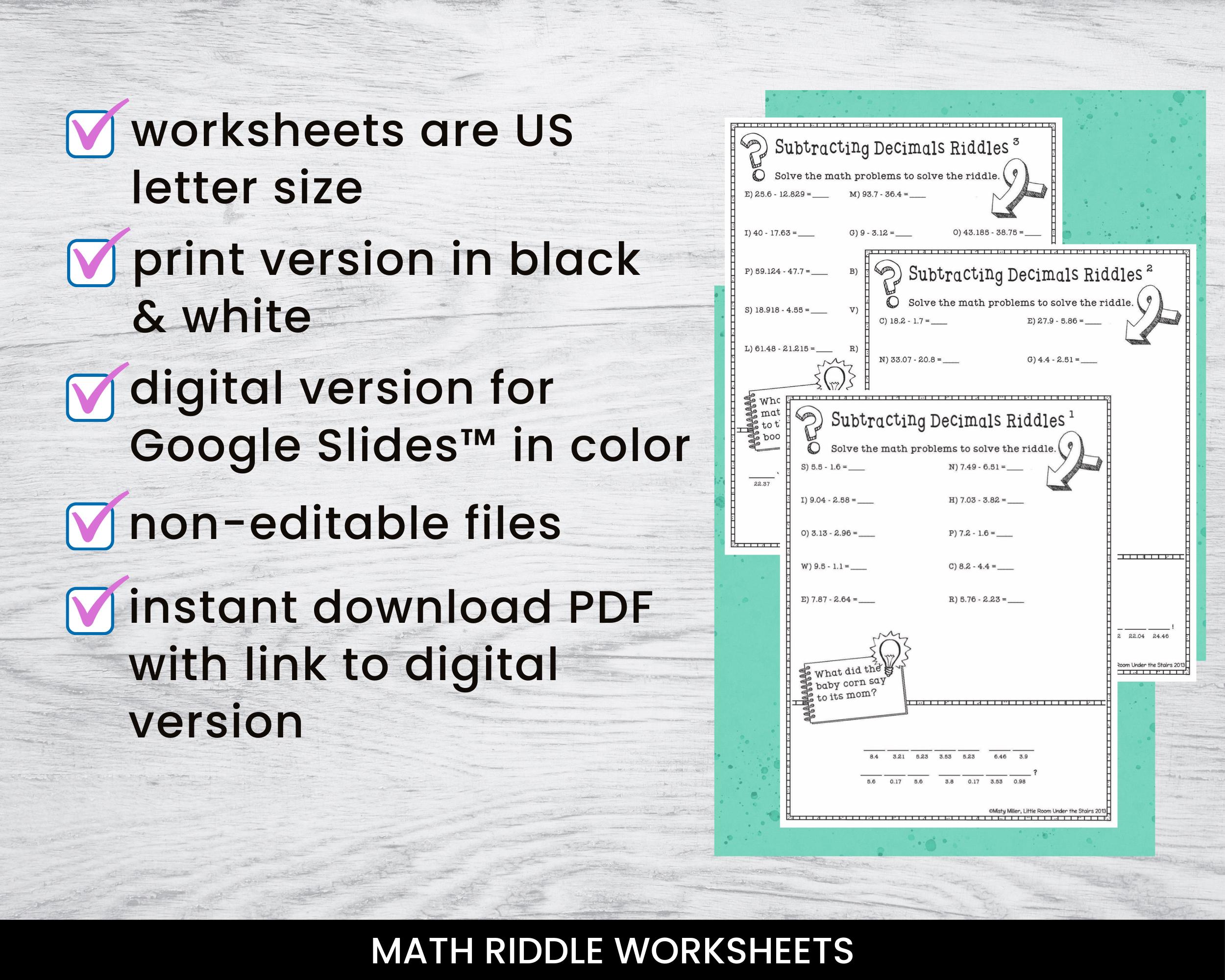 Math Decimals Worksheets With Riddles, Subtracting Decimals, Math ...