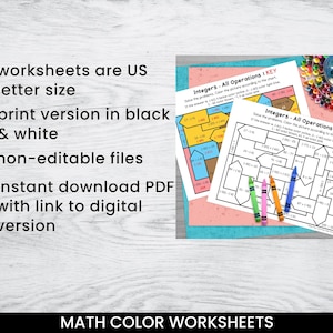 Integer Operations Math Color by Number Pages - Worksheets Packet - No ...