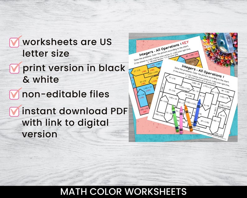 Integer Operations Math Color by Number Pages - Worksheets Packet - No ...