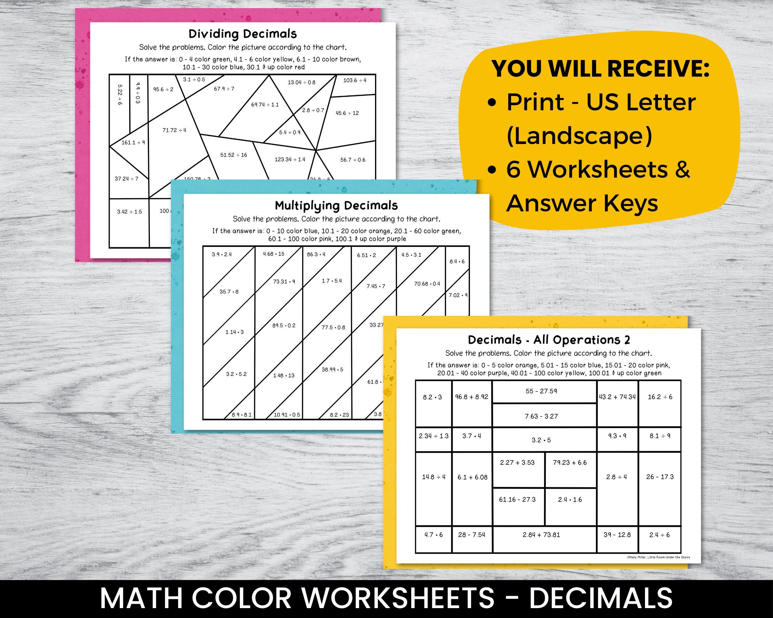 Decimal Operations Color by Number Math Worksheets Packet - No Prep ...