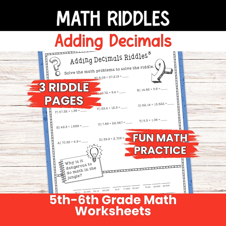 Math Decimals Worksheets With Riddles, Adding Decimals, Math Teacher ...