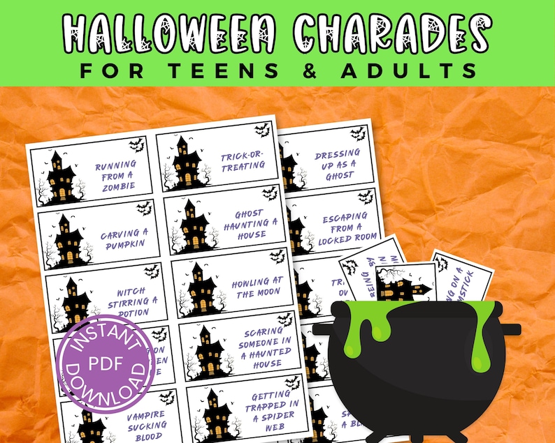 Halloween Charades Game for Teens & Adults - Printable Halloween Party ...