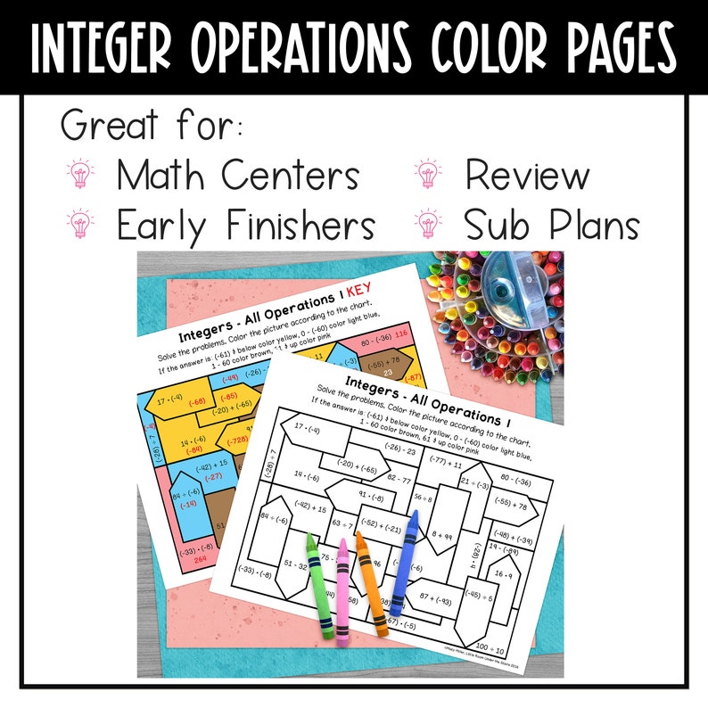 Integer Operations Math Color by Number Pages Worksheets Packet No Prep ...