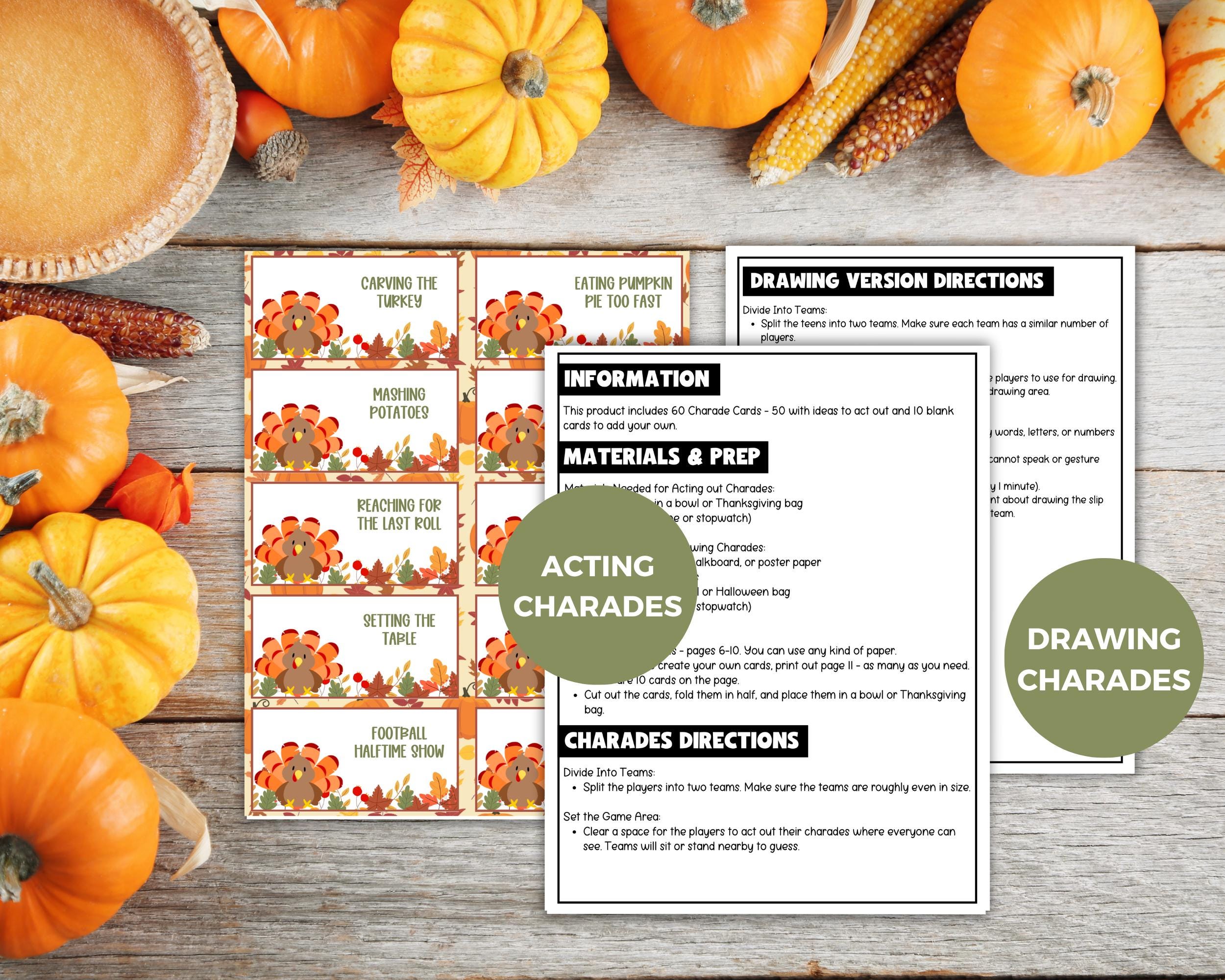 Thanksgiving Charades Game for Teens & Adults - Printable Thanksgiving ...