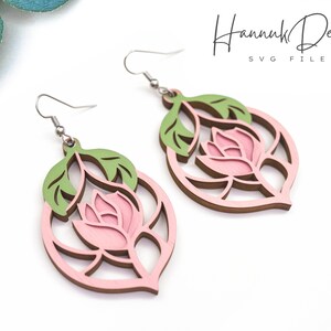 Rosebud With Leaves Floral Drop Shape Wood Earring Svg Laser Cut File ...