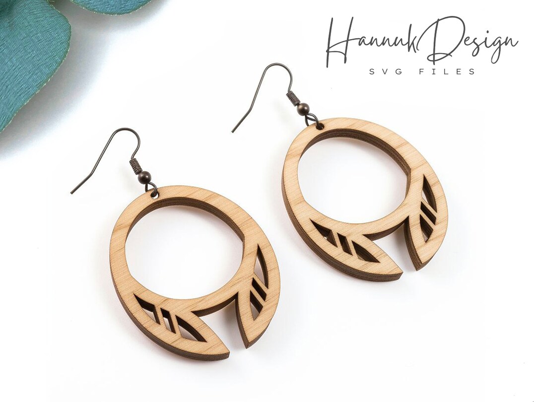 Circle Earring Shape With Two Geometric Leaves Wood Earring Svg ...