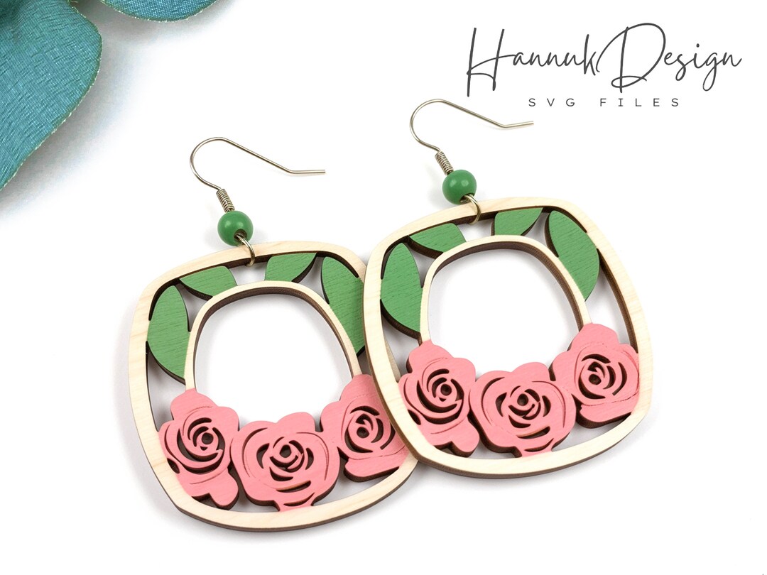 Three Rosebud in a Square Shape Frame Wood Earring Svg Laser Cut File ...