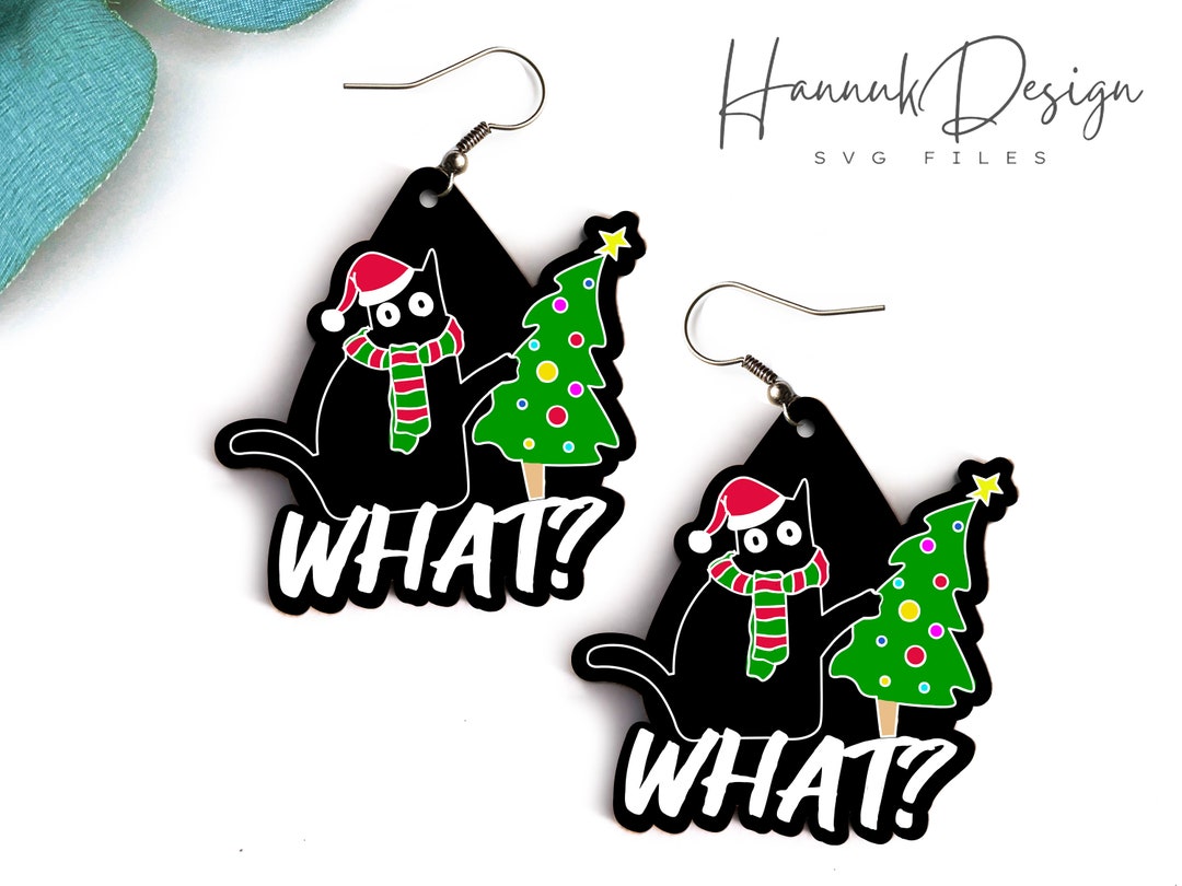 Perplexed Cat With Christmas Tree Wood Earring Svg Laser Cut File ...