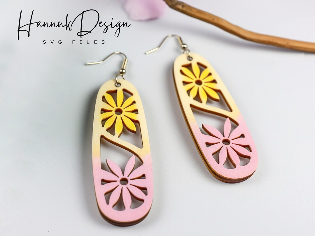 Flower in a Long Narrow Frame Wood Earring Svg Laser Cut File Digital ...