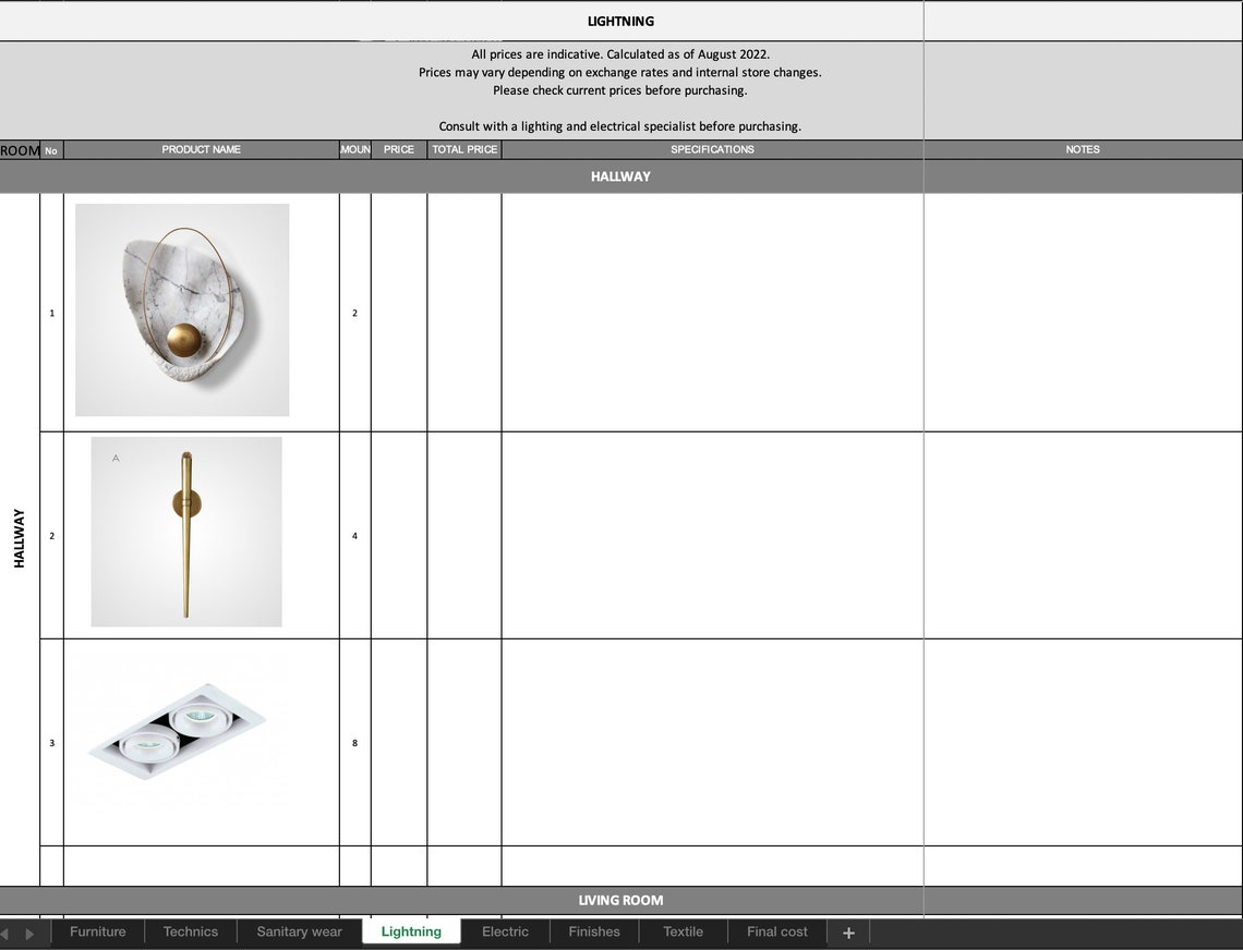 Interior Design Specifications Template | Excel Template FF&E Interior ...