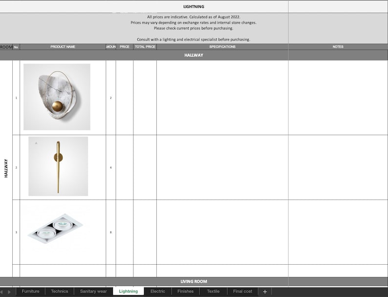 Interior Design Specifications Template Excel Template FF&E - Etsy