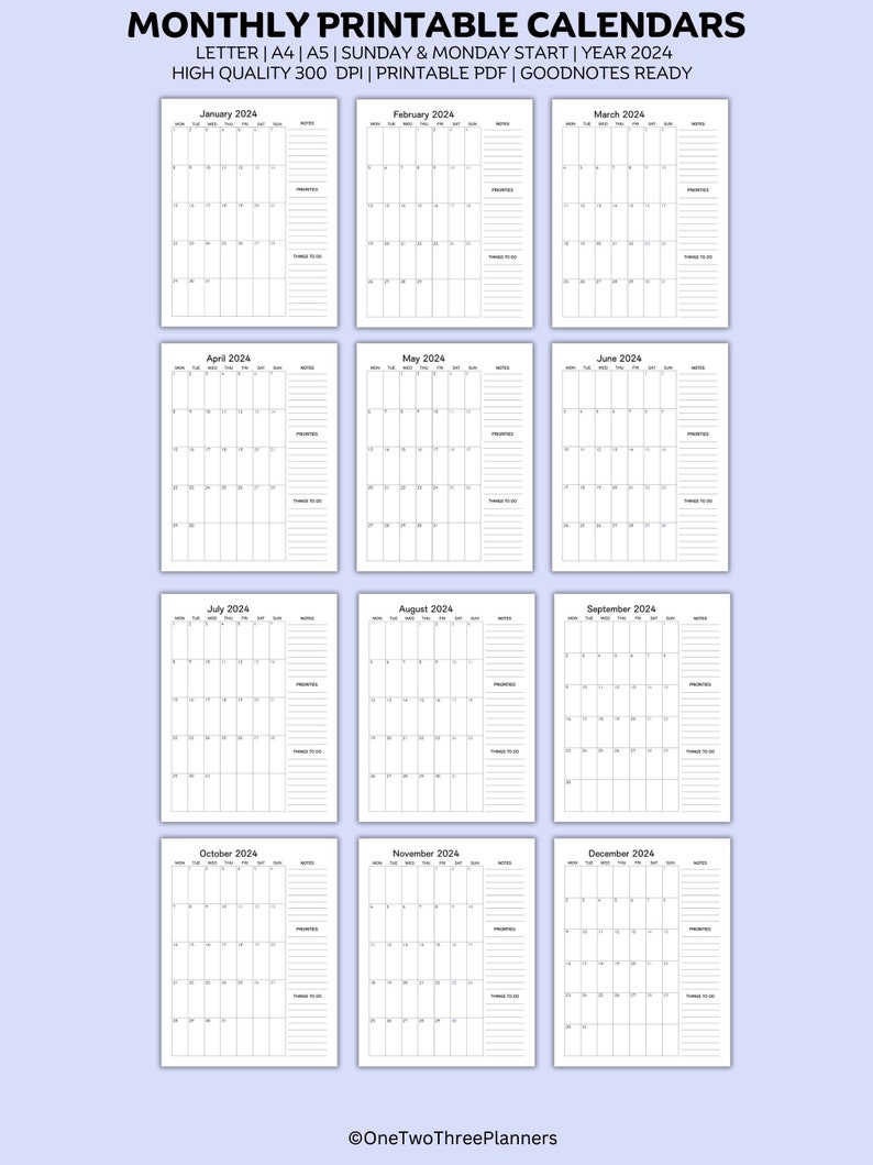 2024 Minimalist Printable Calendar 12-month Planner Sun & Mon Start A4 ...