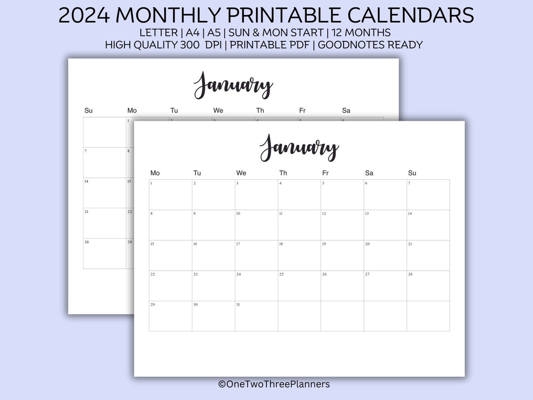2024 Minimalist Printable Calendar 12-month Planner Sun & Mon Start A4 ...