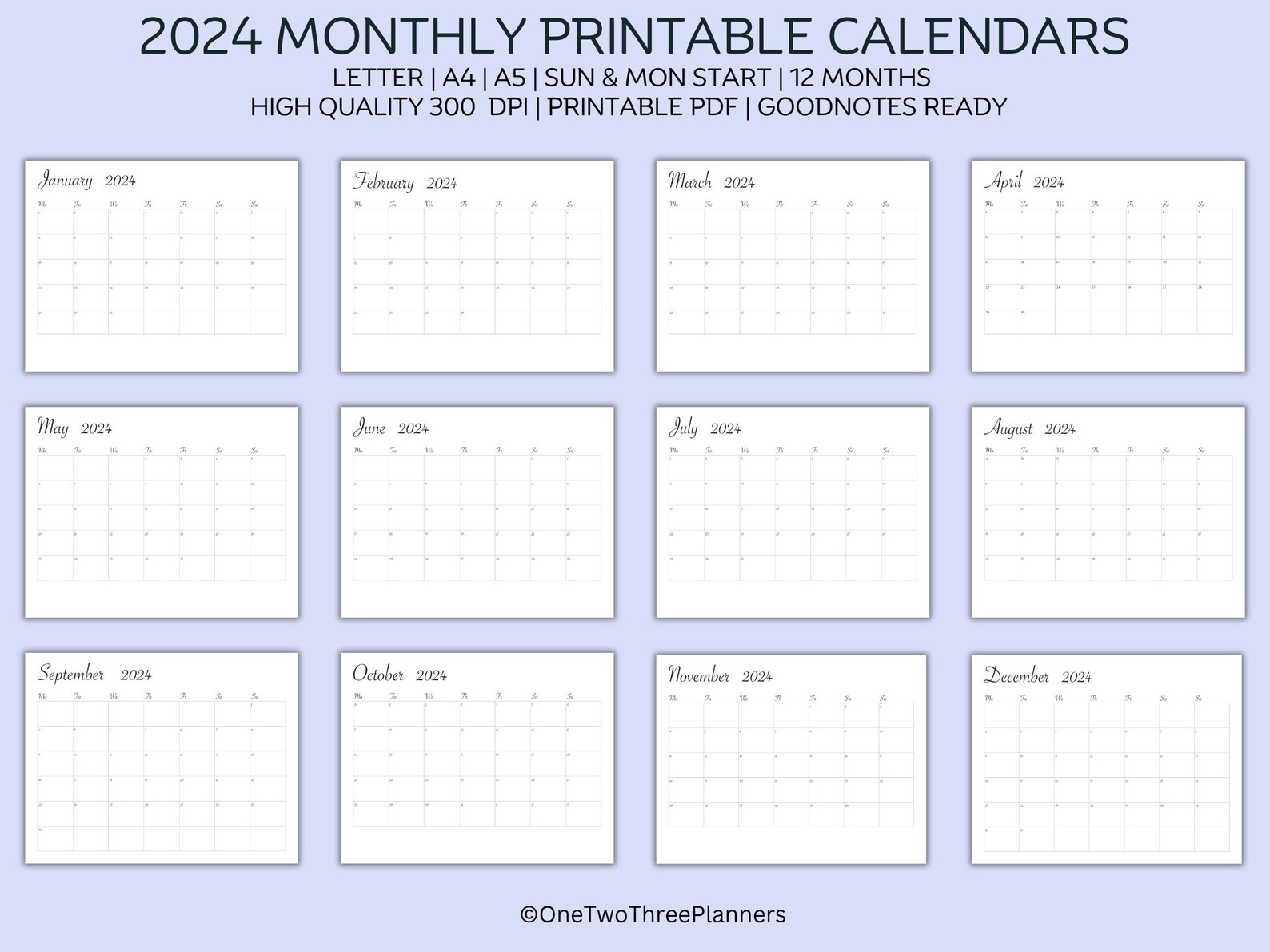 2024 Minimalist Printable Calendar 12-month Planner Sun & Mon Start A4 ...