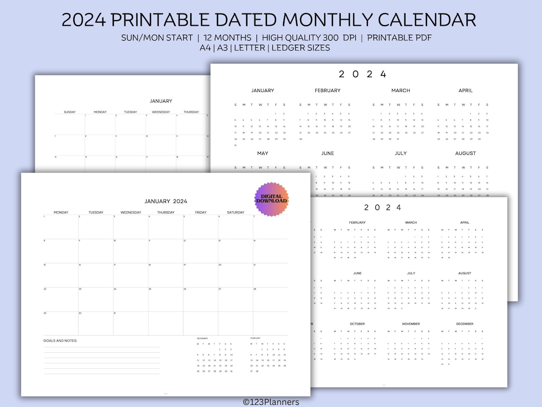 2024 Monthly Calendar Year at a Glance Side Notes Sun & Mon Start ...