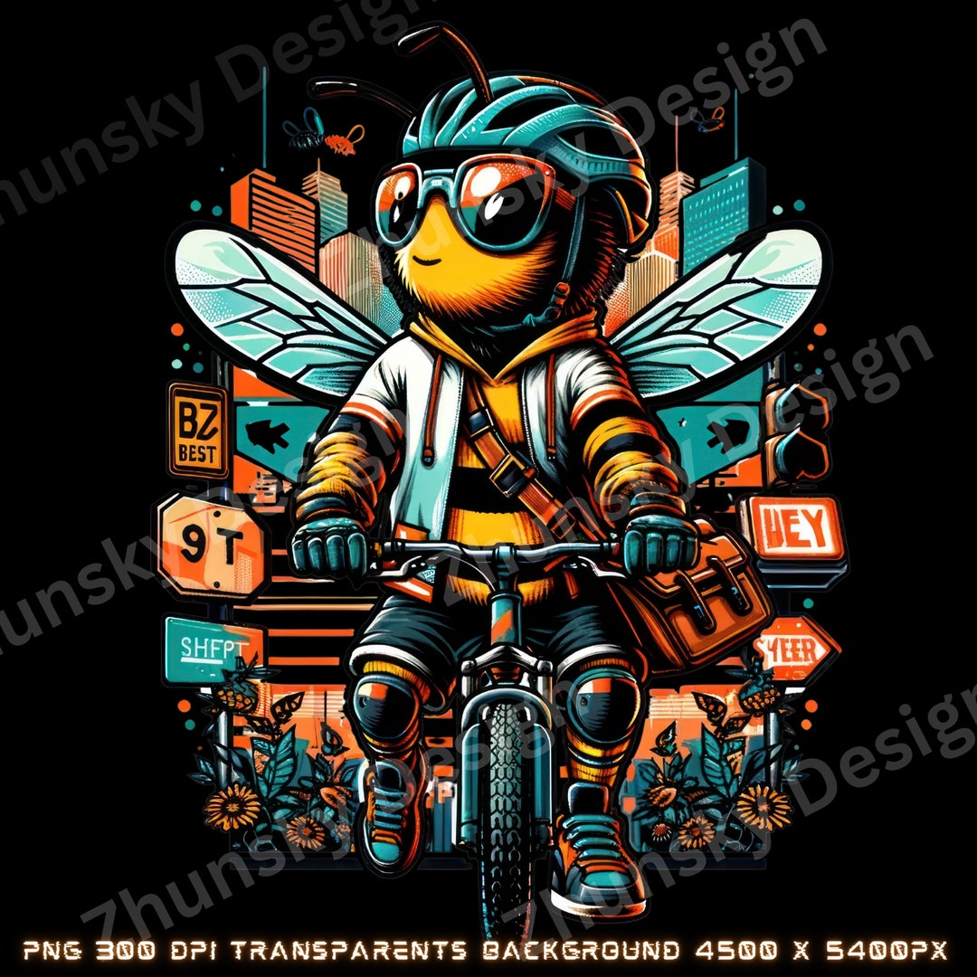 Biker Bee Graphic Shirt, Urban Cyclist Insect Tee, Cool Bee Riding Bike ...
