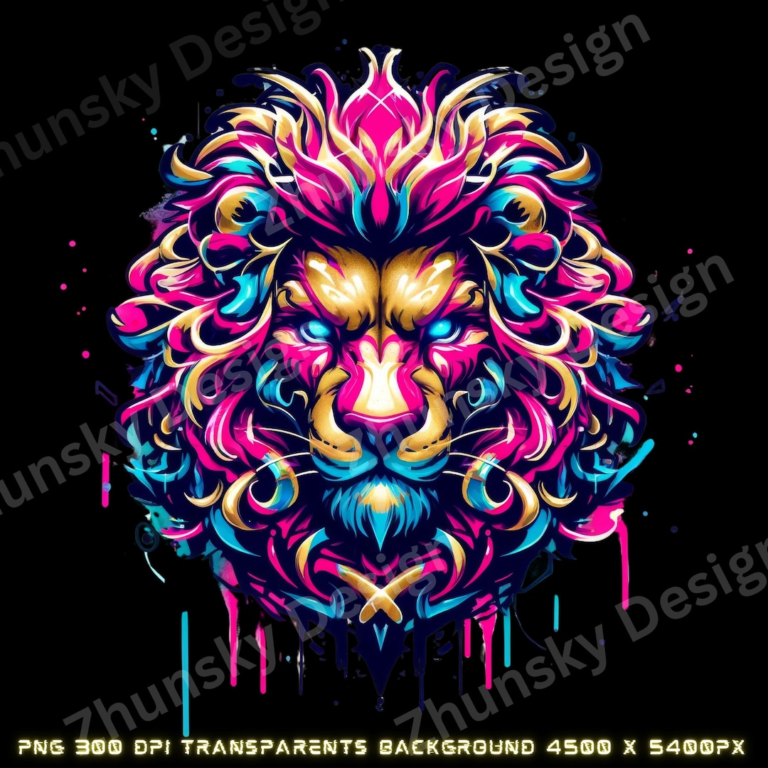 Majestic Neon Lion T-shirt, Vibrant King of Jungle Tee, Electric Lion ...