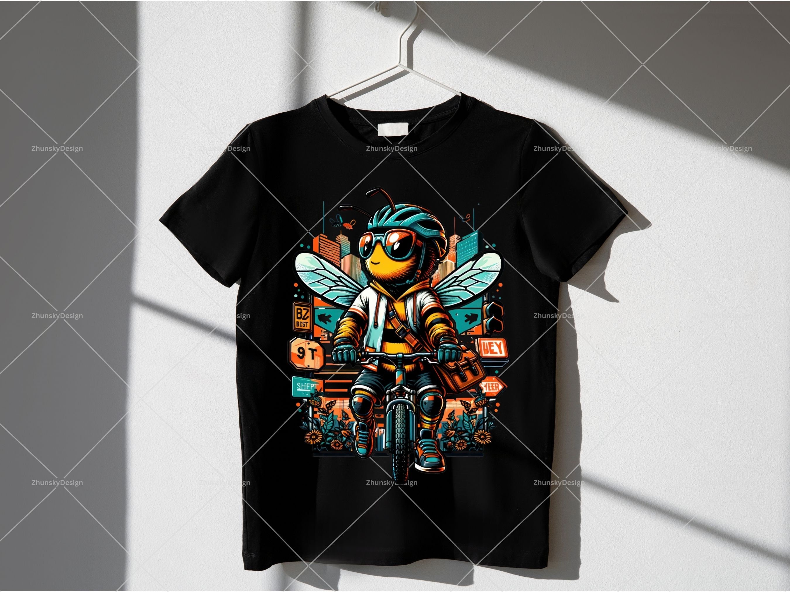 Biker Bee Graphic Shirt, Urban Cyclist Insect Tee, Cool Bee Riding Bike ...