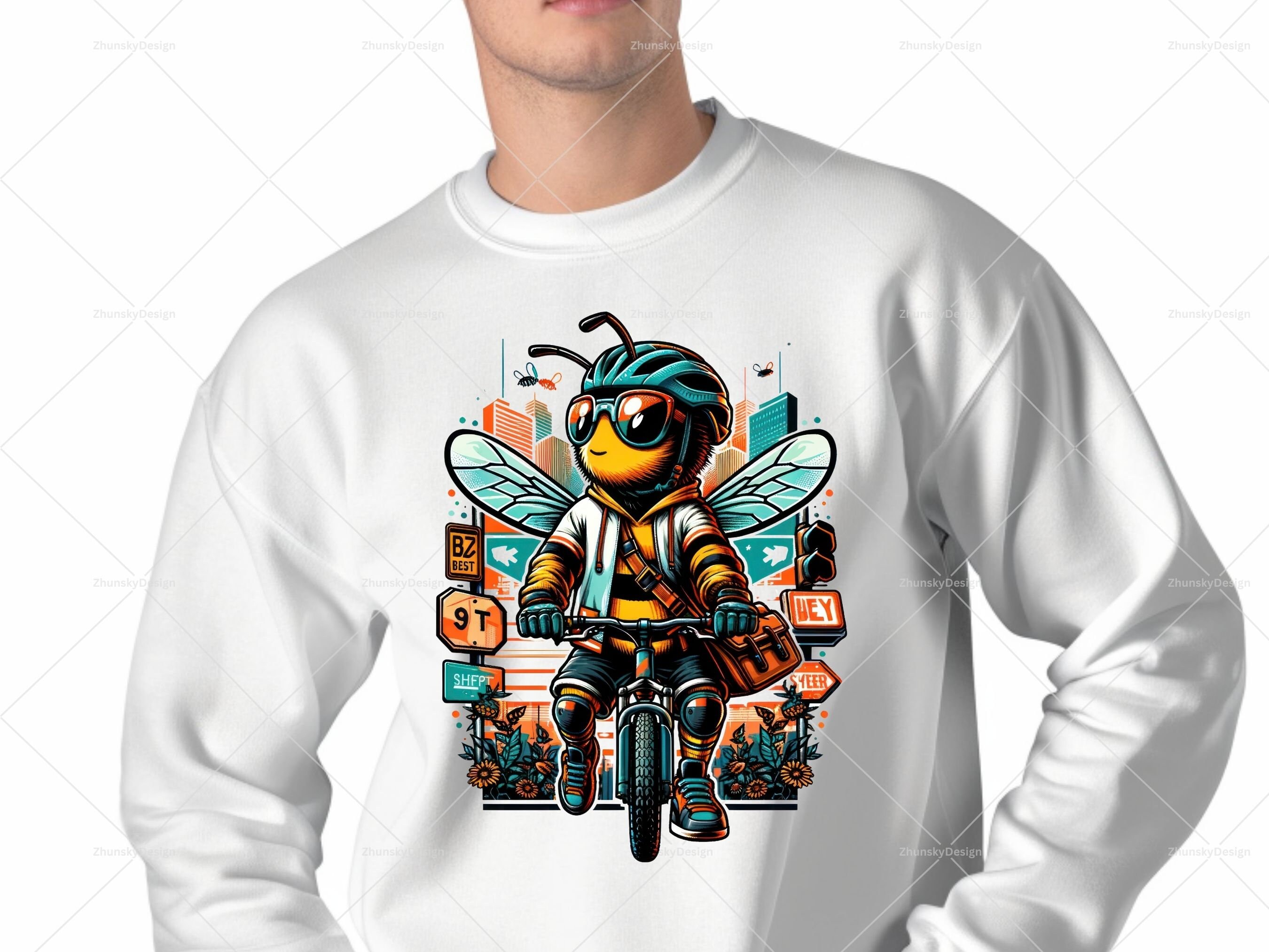Biker Bee Graphic Shirt, Urban Cyclist Insect Tee, Cool Bee Riding Bike ...
