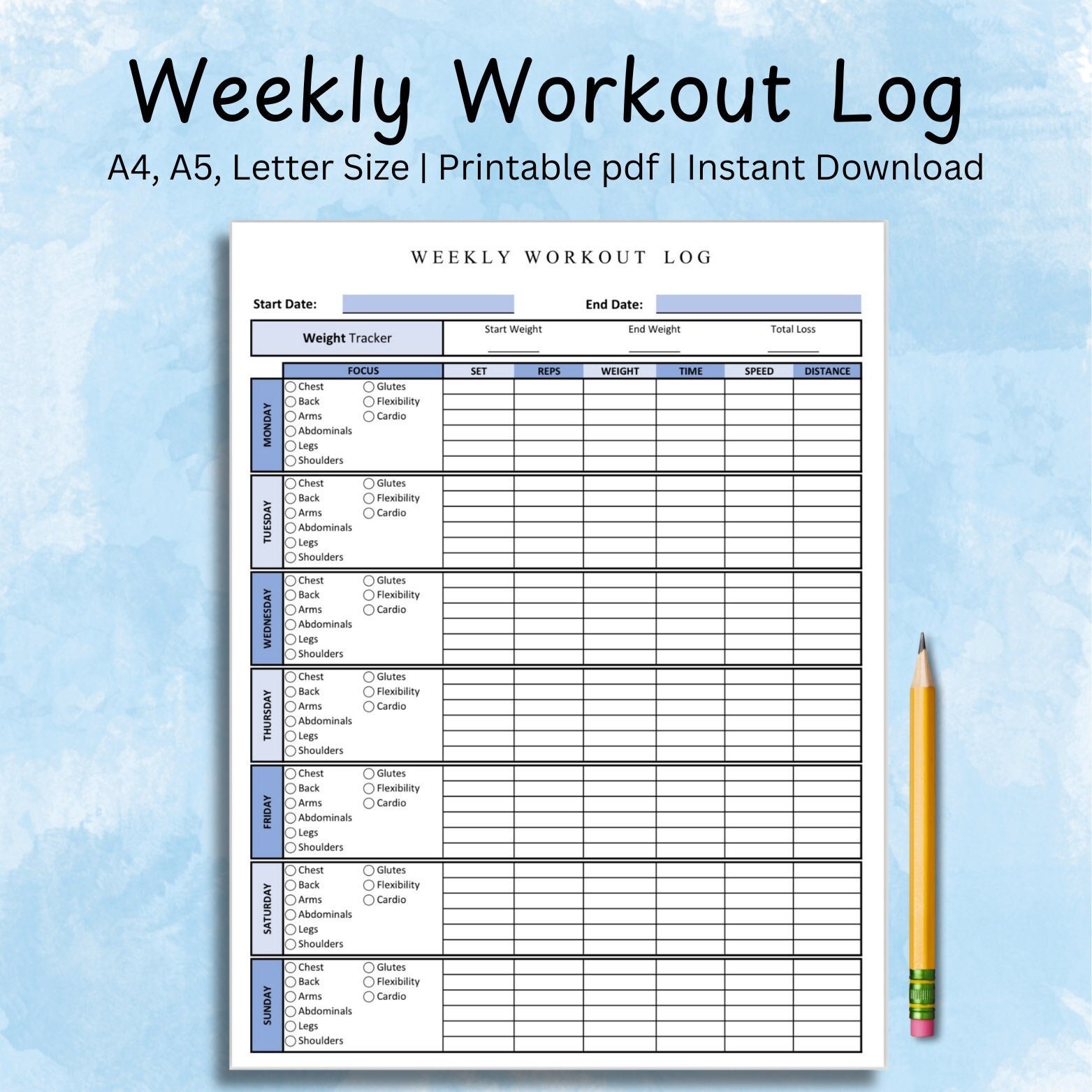 Weekly Workout Log, Workout Tracker, Exercise Log, Fitness Planner ...