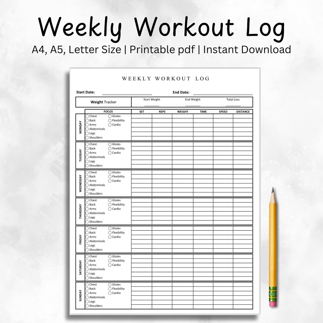 Weekly Workout Log, Workout Tracker, Exercise Log, Fitness Planner ...