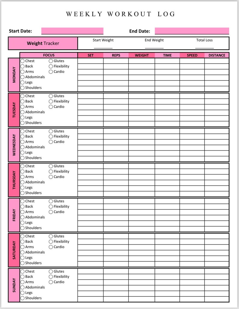 Weekly Workout Log, Workout Tracker, Exercise Log, Fitness Planner ...