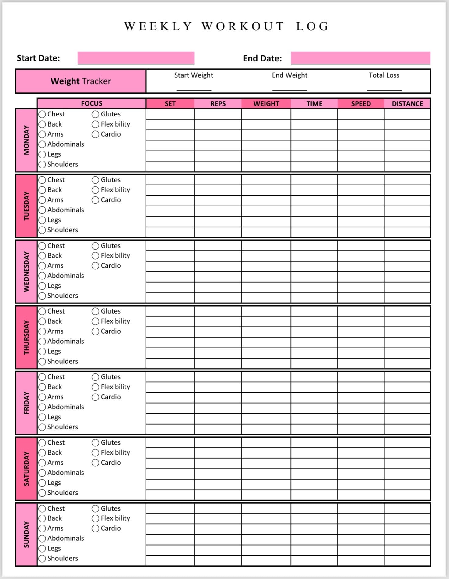 Weekly Workout Log, Workout Tracker, Exercise Log, Fitness Planner ...