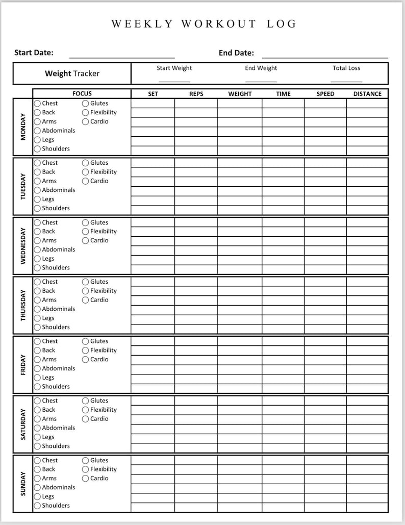 Weekly Workout Log, Workout Tracker, Exercise Log, Fitness Planner ...
