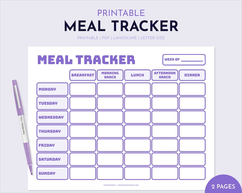 Printable Meal Tracker, Weekly Food Diary, Daily Food Journal, Meal ...