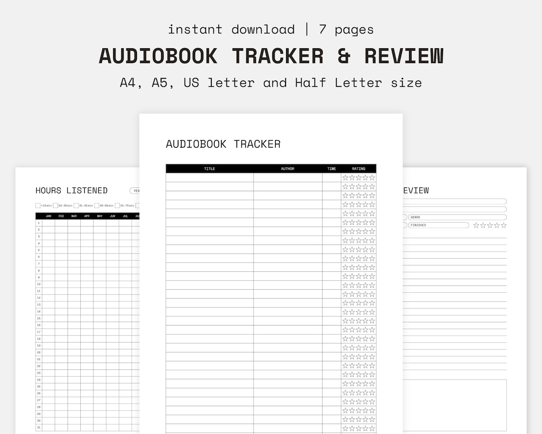 Audiobook Tracker & Review Printable, Audiobook Log Template, A4, A5 ...