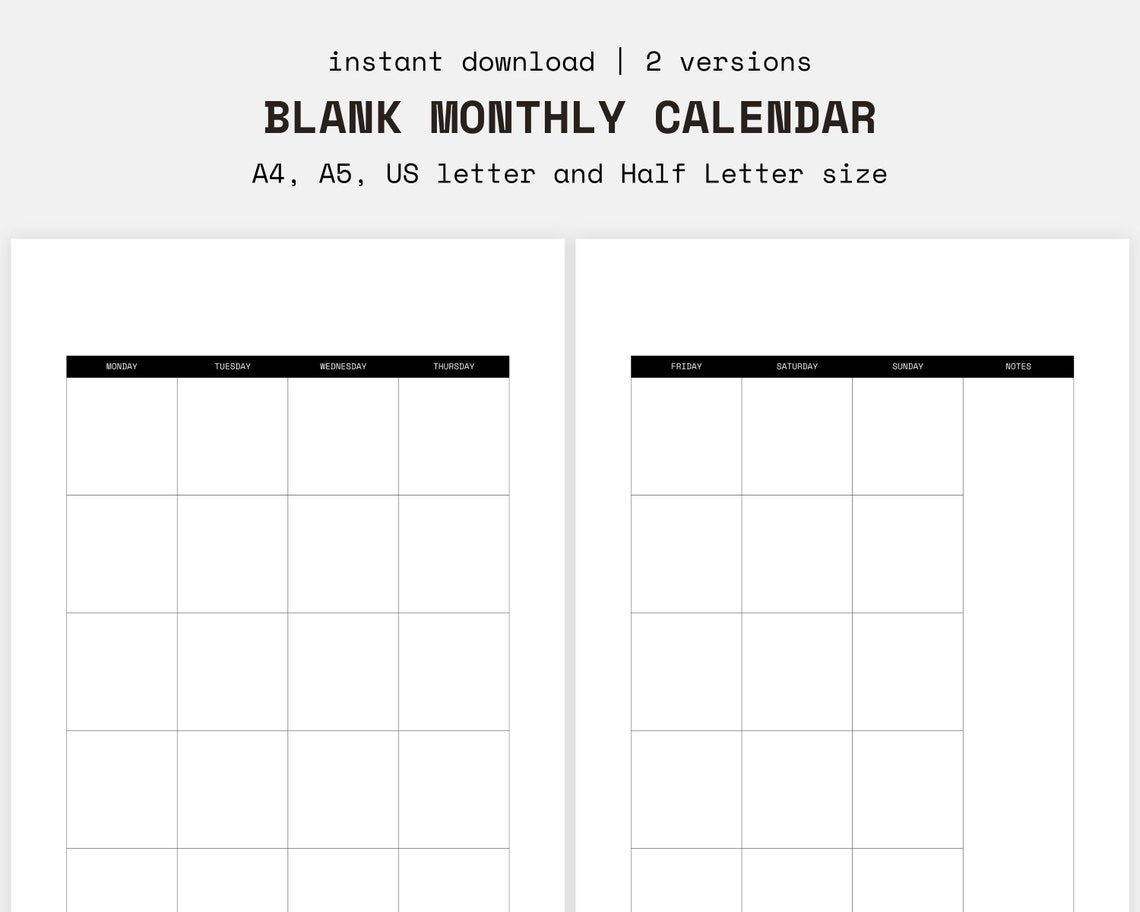 Blank 2 Page Monthly Calendar Printable, Calendar Template, Monday and ...