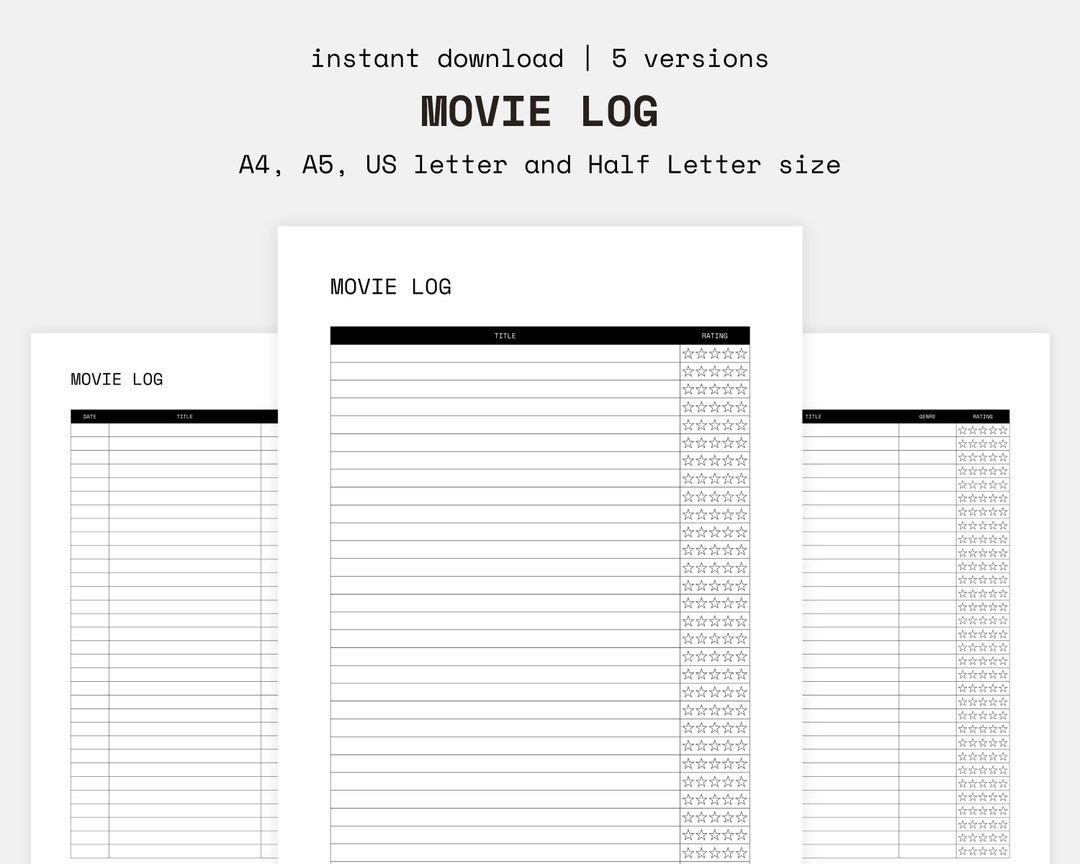 Movie Log Printable Template, Movie Tracker, Film Journal, Movies to ...