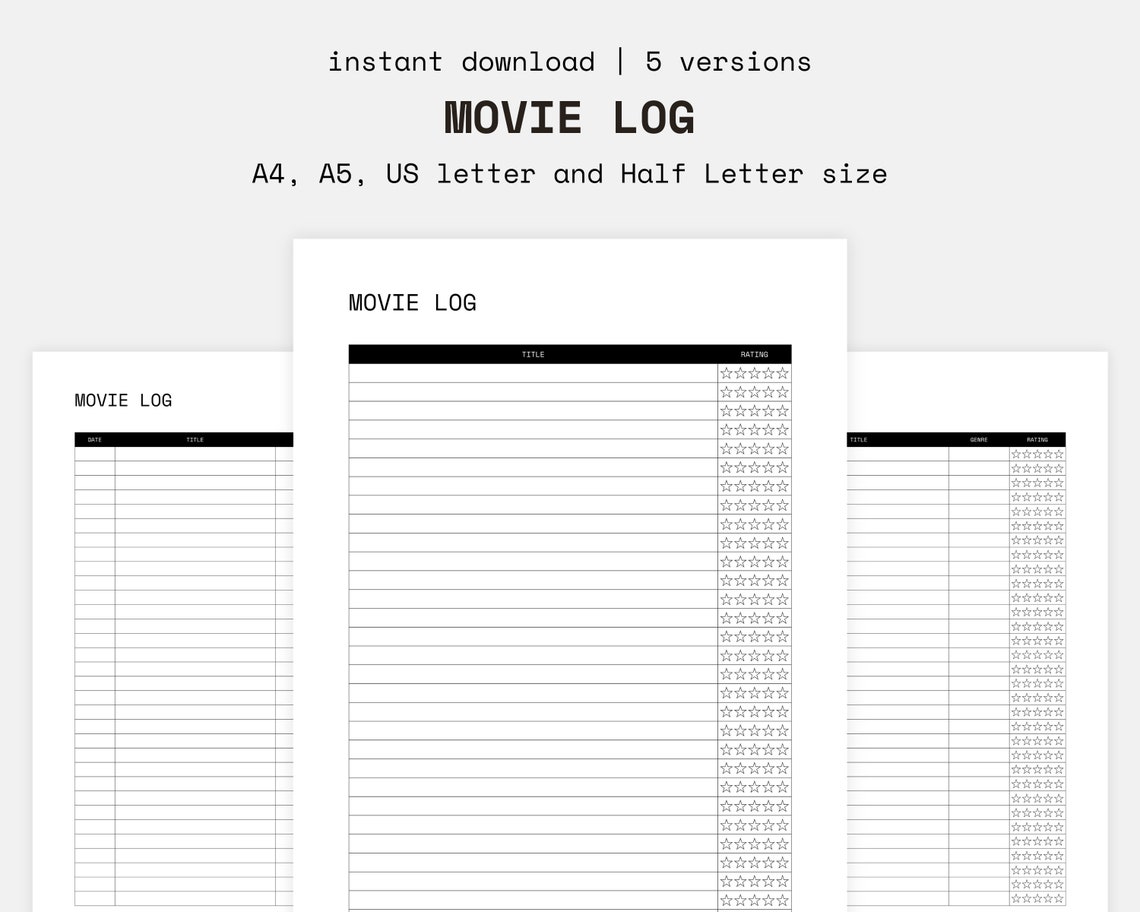 Movie Log Printable Template, Movie Tracker, Film Journal, Movies to ...