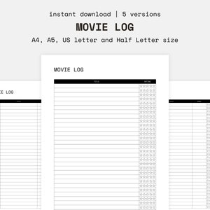 Movie Log Printable Template, Movie Tracker, Film Journal, Movies to ...