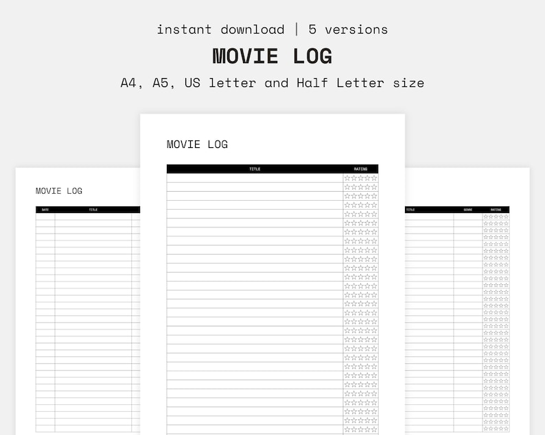 Movie Log Printable Template, Movie Tracker, Film Journal, Movies to ...