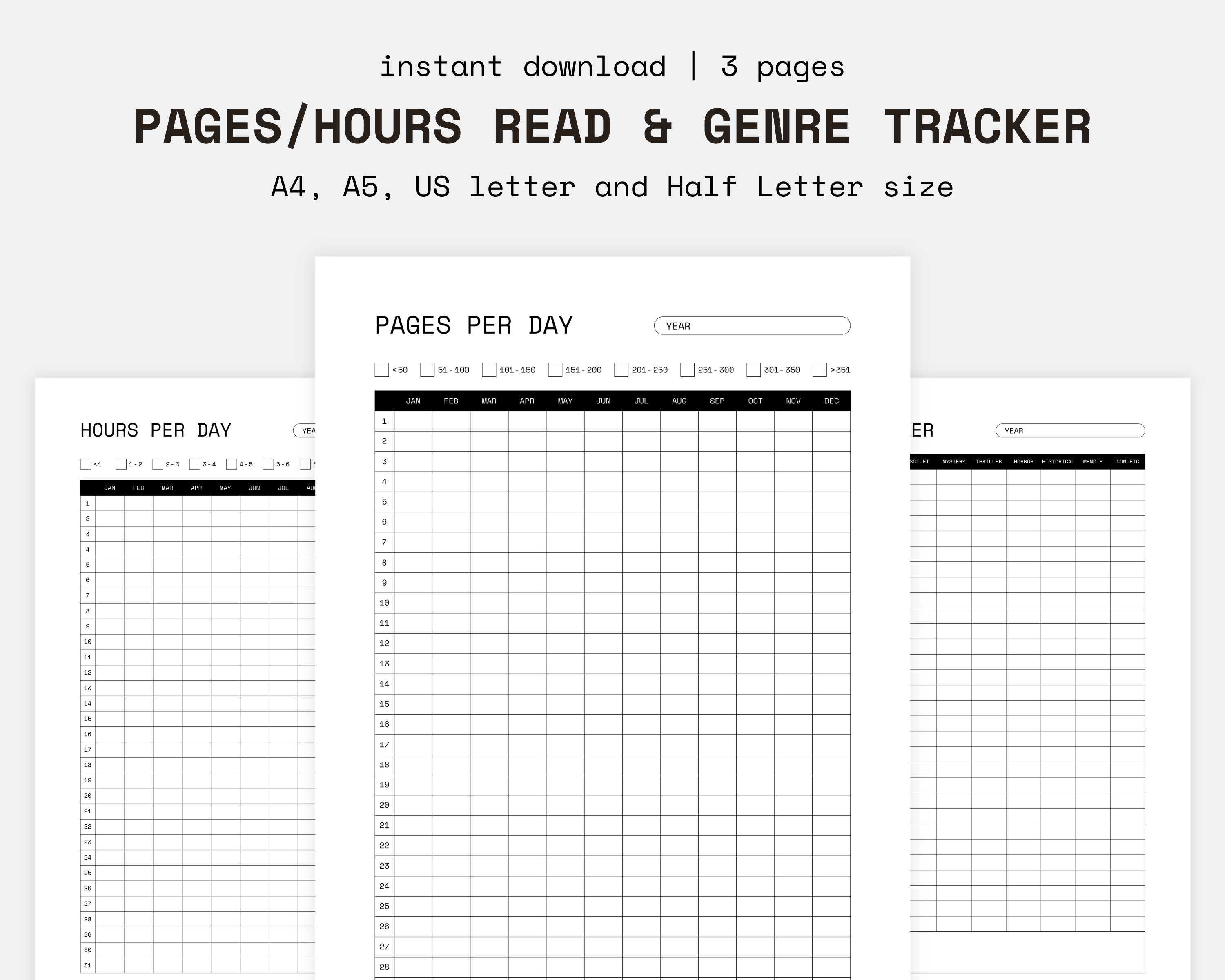 Book Reading Tracker Template Printable, Pages/hours Read Log, Genre ...