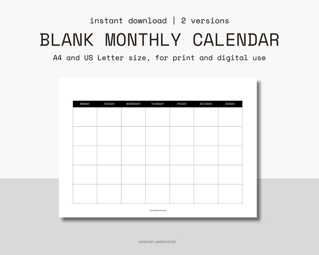 Blank Monthly Calendar Printable Landscape, Monthly Planner Template ...