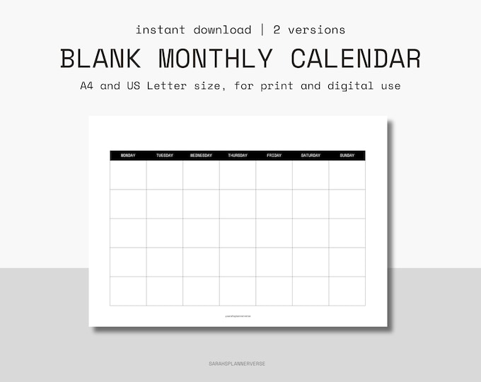 Blank Monthly Calendar Printable Landscape | Printable Planner ...