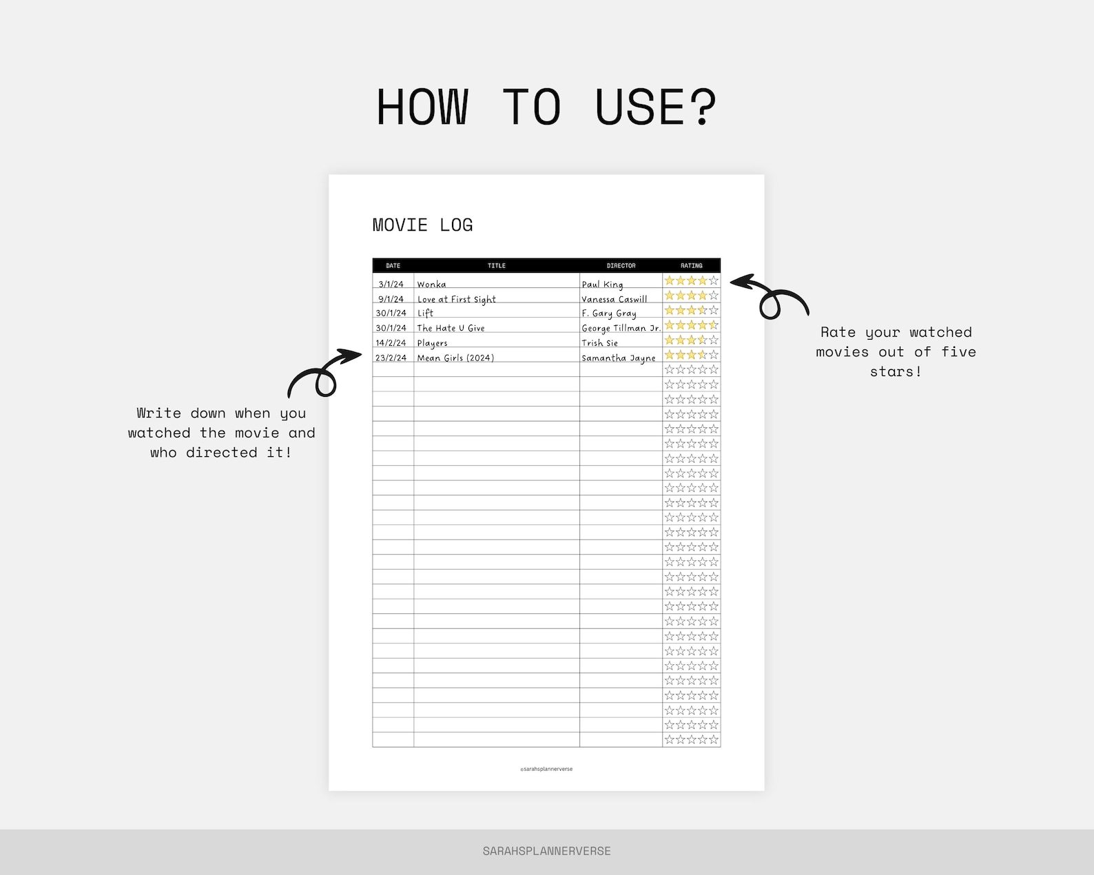 Movie Log Printable Template, Movie Tracker, Film Journal, Movies to ...