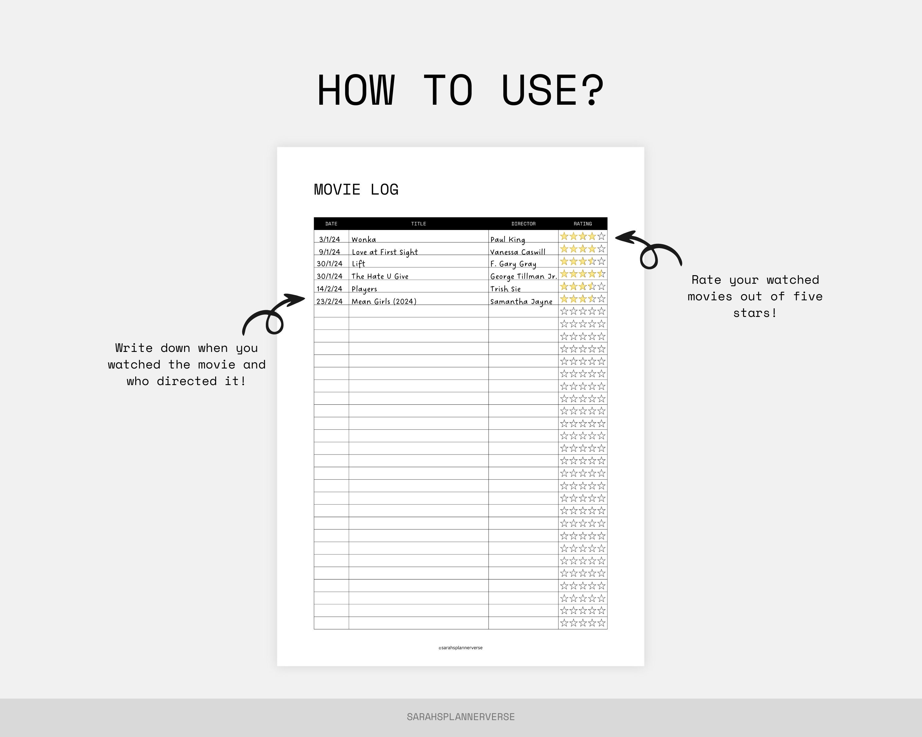 Movie Log Printable Template, Movie Tracker, Film Journal, Movies to ...