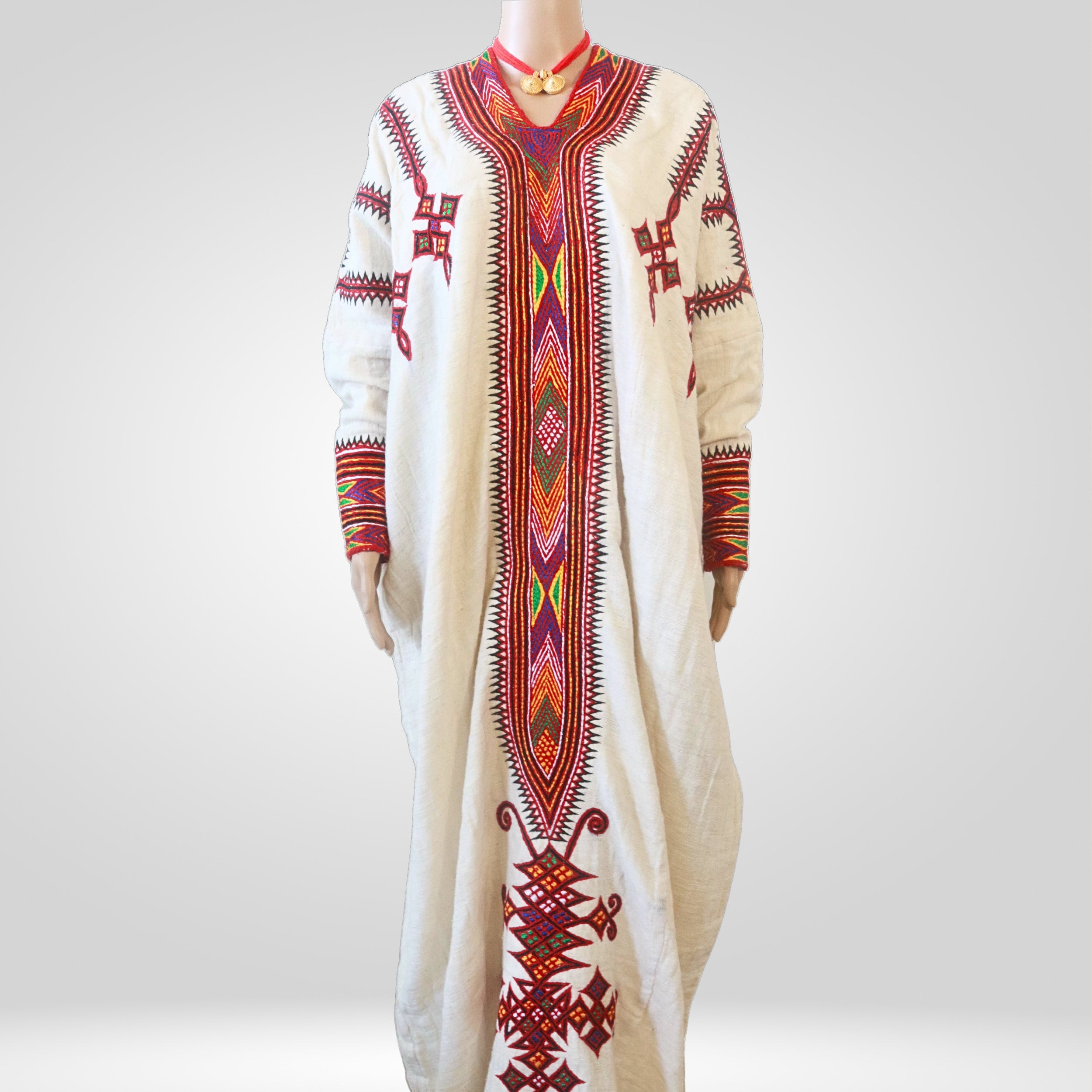 Ethiopian Gonder Amhara Traditional Dress red Color Hand Embroidered ...