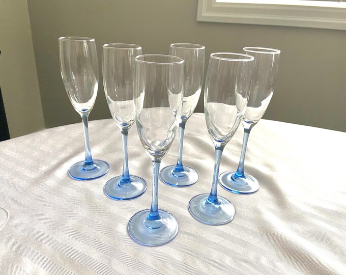 French Vintage Luminarc Classic Azure Blue Stemmed Champagne Flutes Set ...