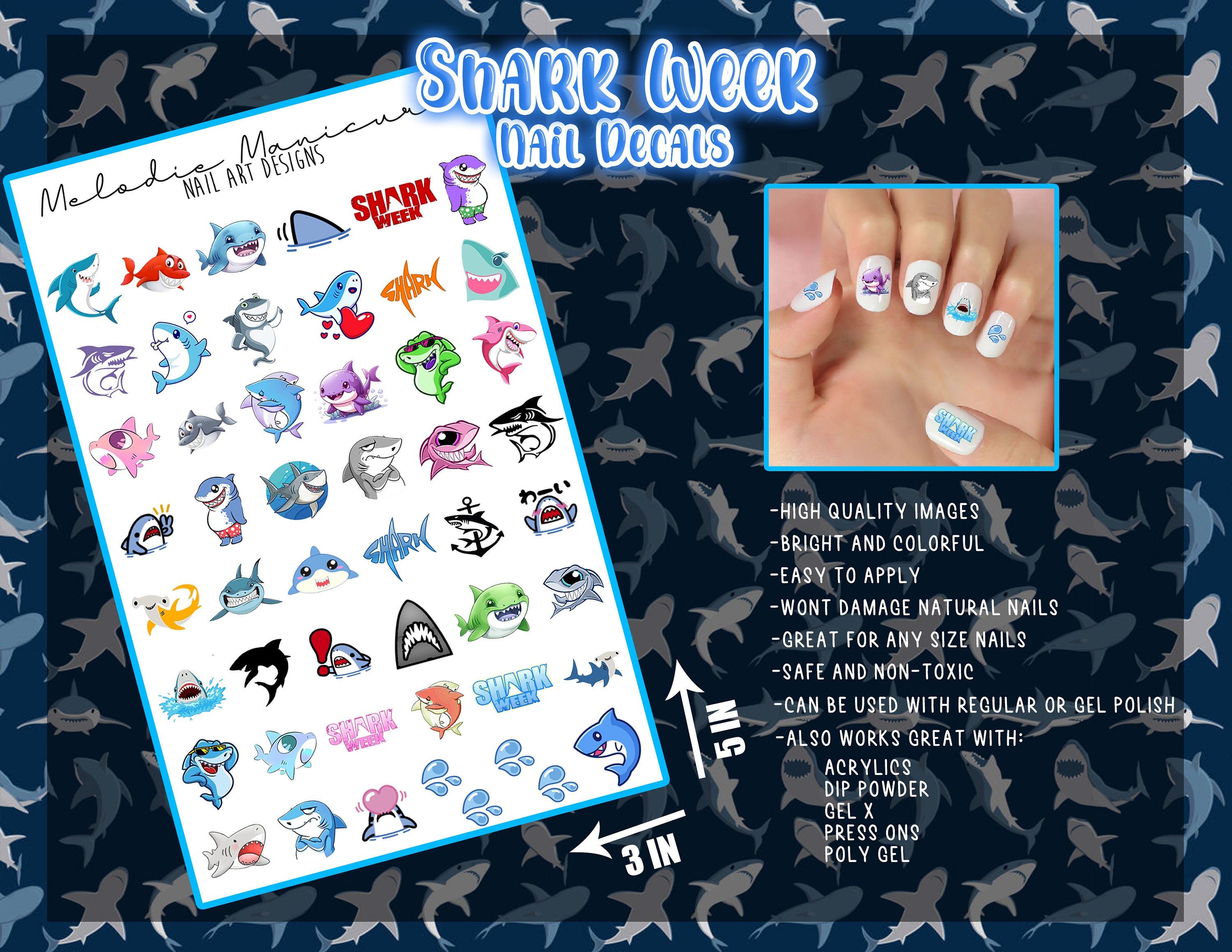 Shark Week Nail Decals-waterslide Decals-nail Art-nail Wraps-cute Nails ...