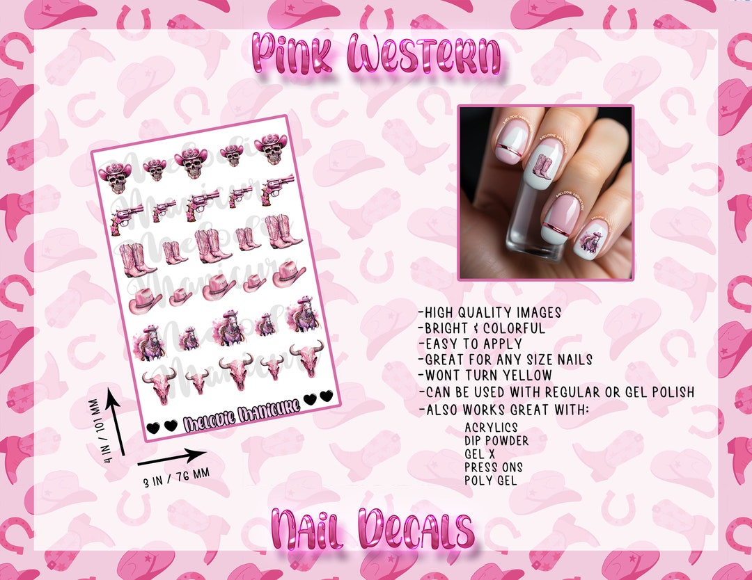 Pink Western Nail Decals Pink Rodeo Nails Pink Cowgirl Nails Waterslide ...