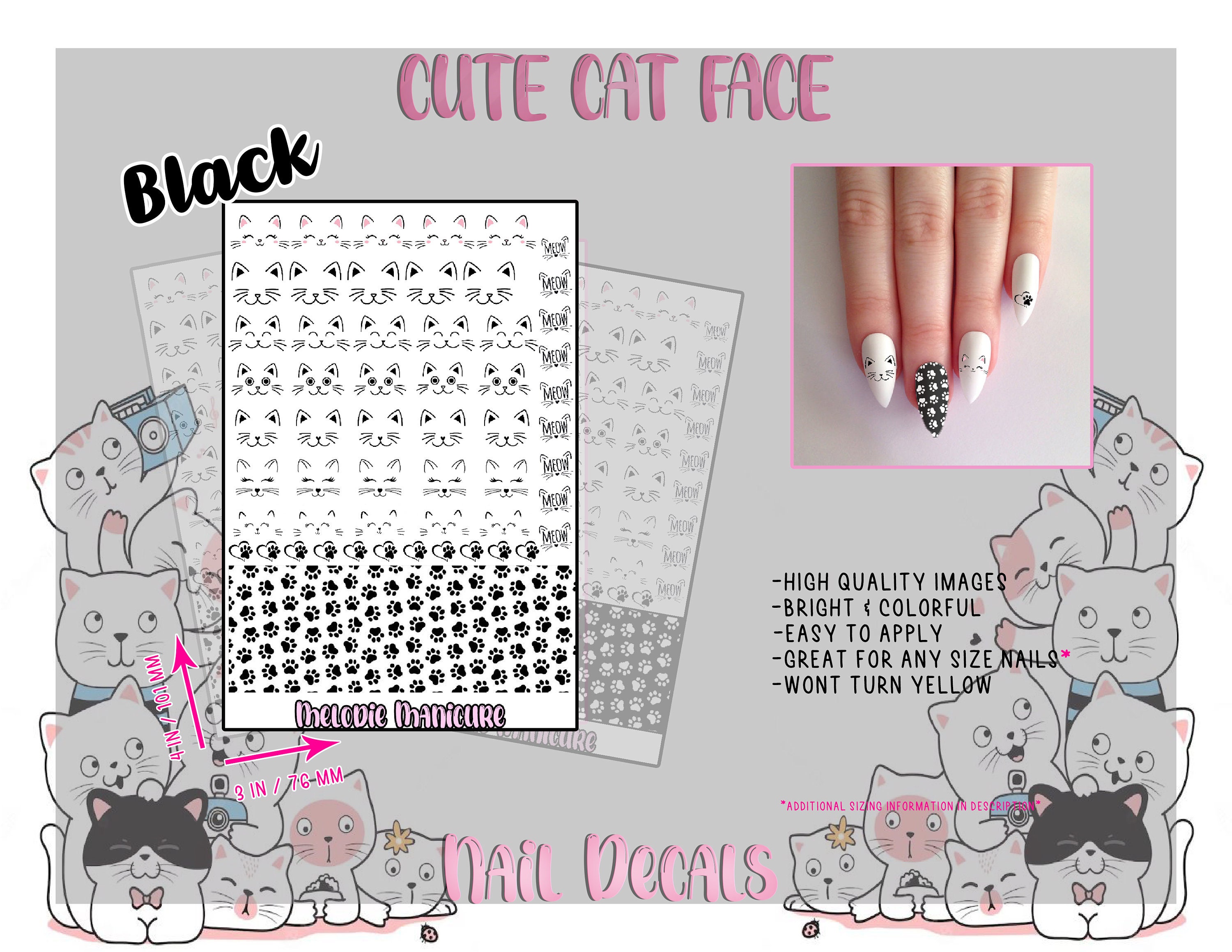Cute Cat Face Nail Decals Waterslide Kitty Nails-waterslide Decals-nail ...