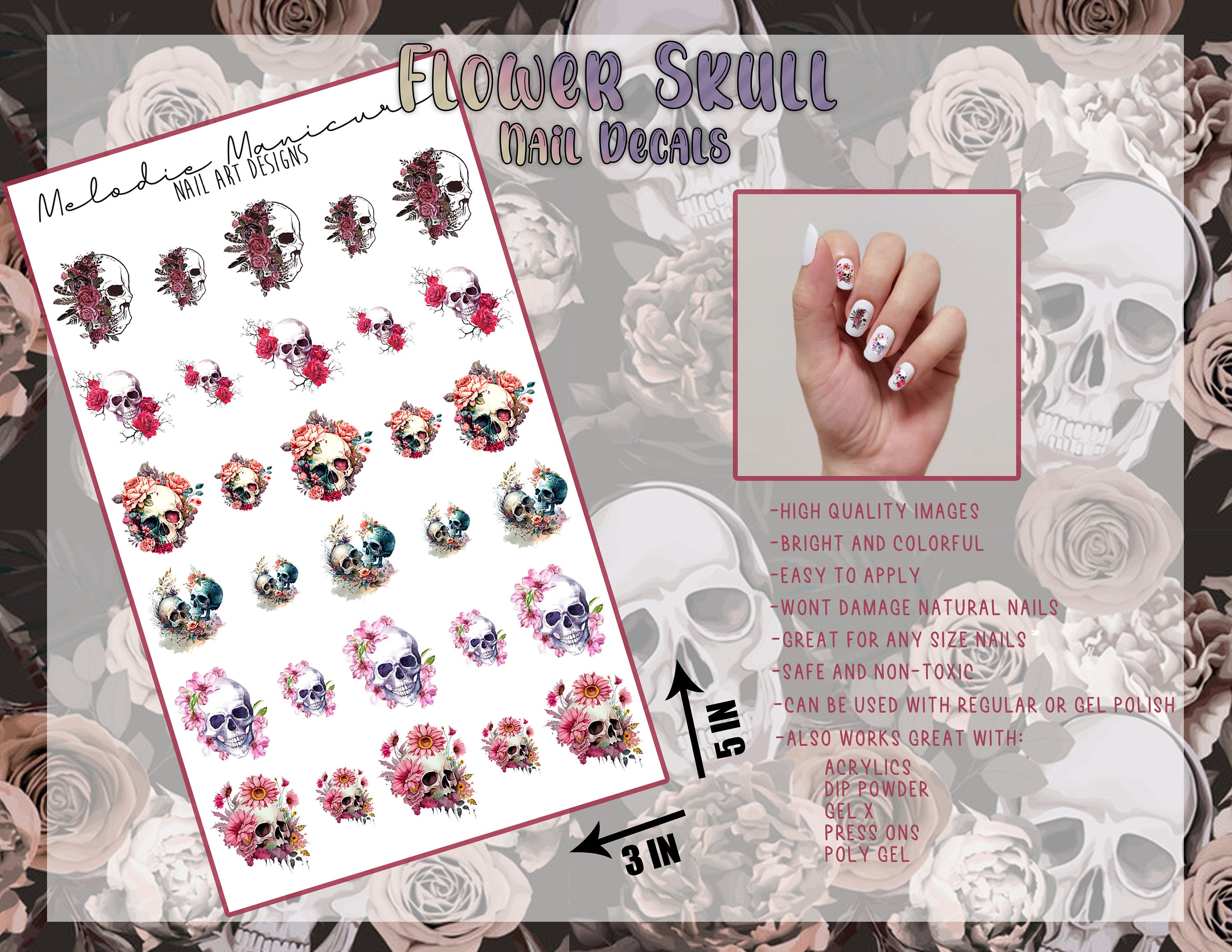 Flower Skull Nail Decals-waterslide Decals-nail Art-nail Wraps-cute ...