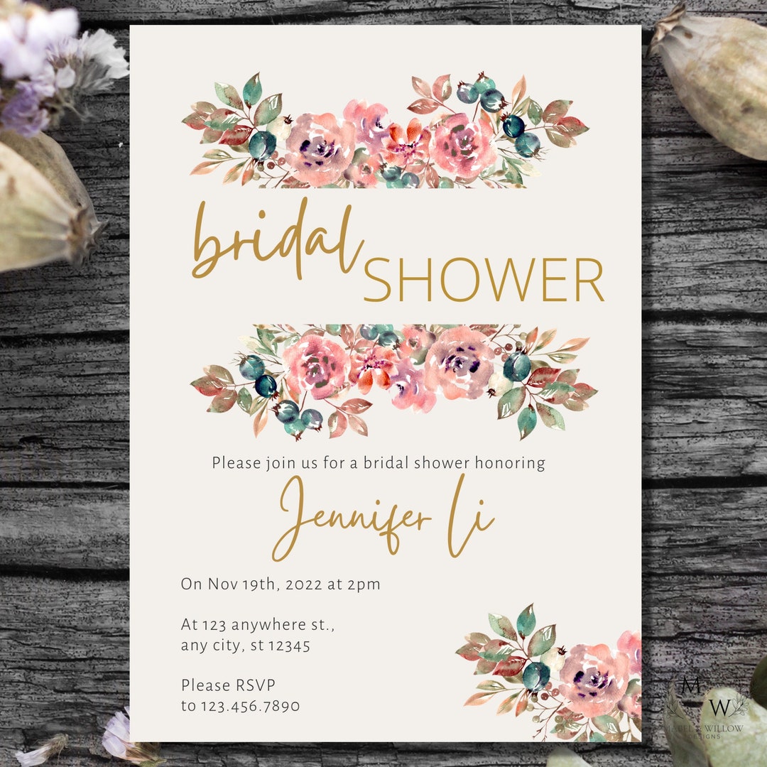 Editable Bridal Boho Tapestry Flower Shower Invitation Template Bouquet ...