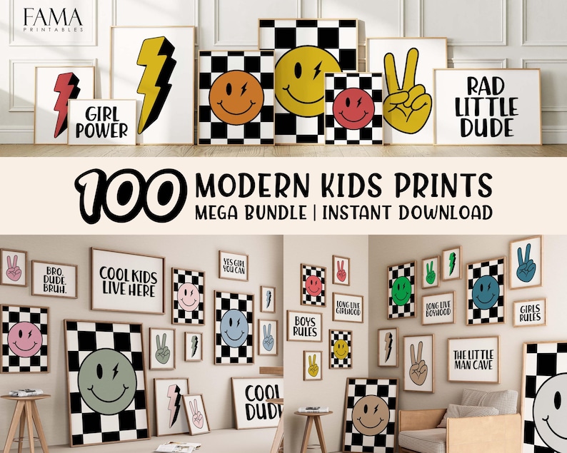 Checkerboard Smiley Face Print Set: Modern Kids Room Decor (digital ...