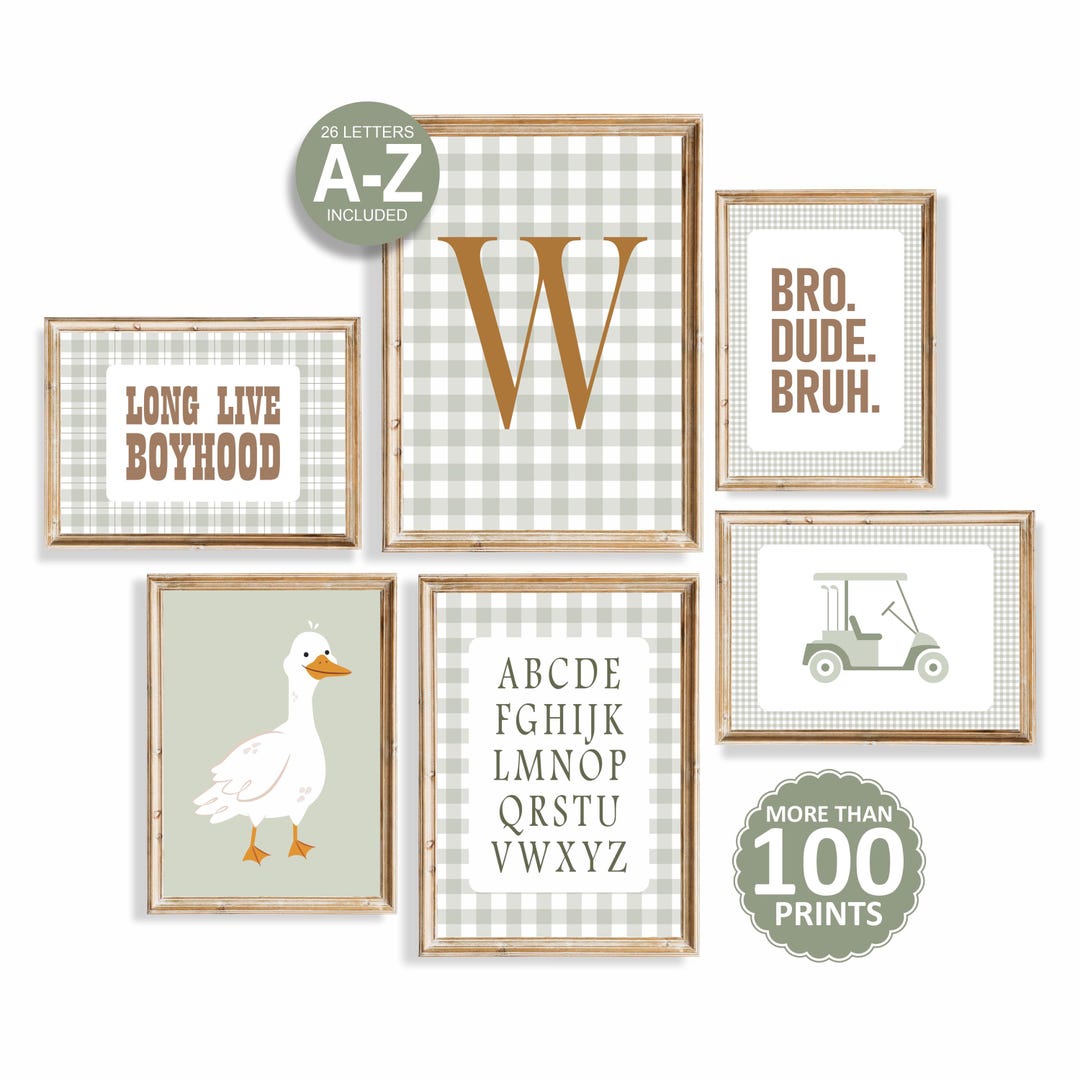 Set of 100+ Boys Room Gingham Wall Art Prints, Neutral Gingham Nursery ...