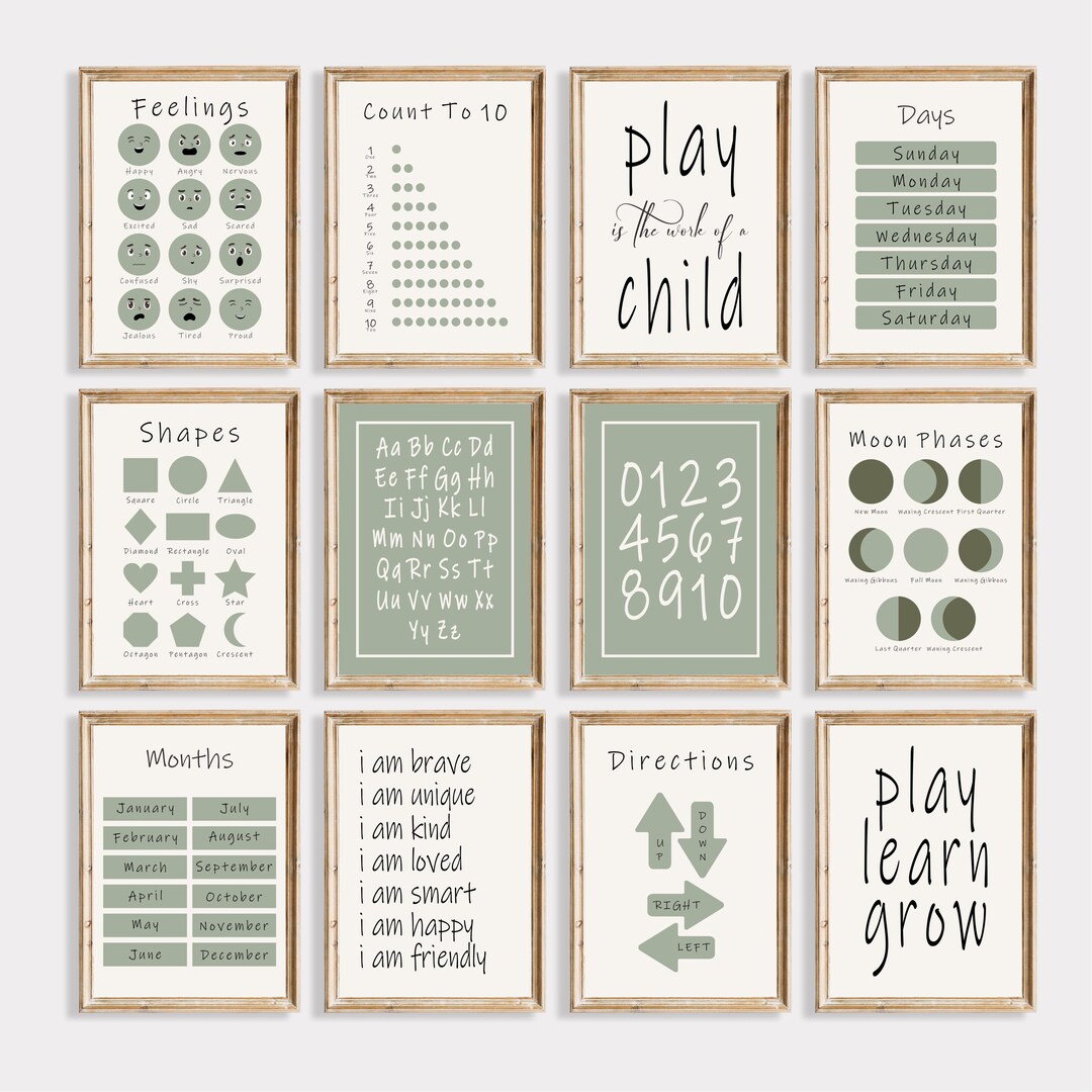 Set of 12 Sage Green Educational Posters for Kids Learnings, Montessori ...